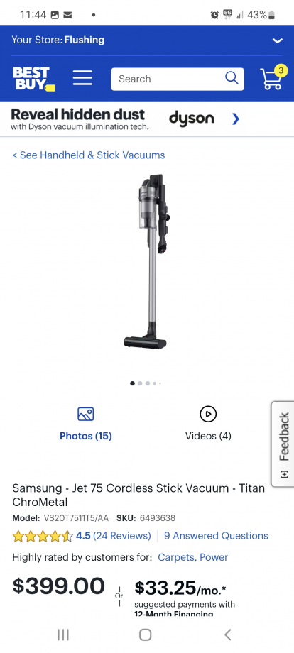 삼성 무선청소기 Samsung - Jet 75 Cordless Stick Vacuum